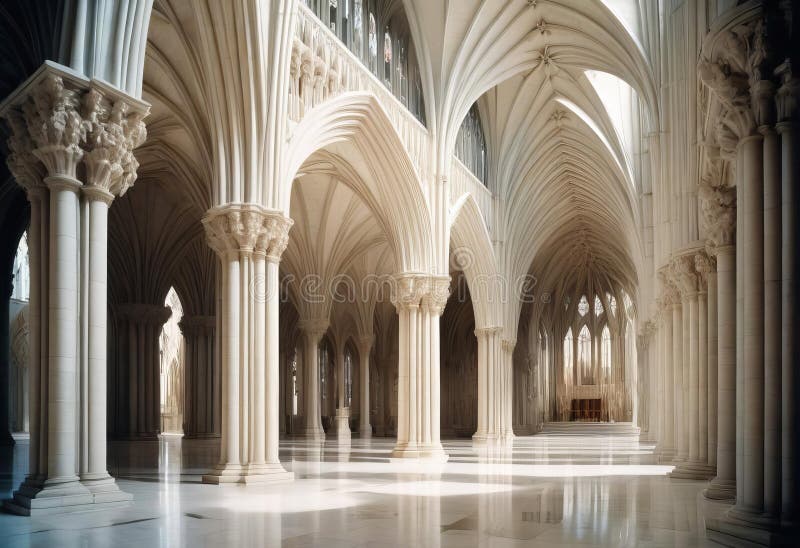 The White Vaulted Ceiling in the Style of Gothic, White Columns Stock ...