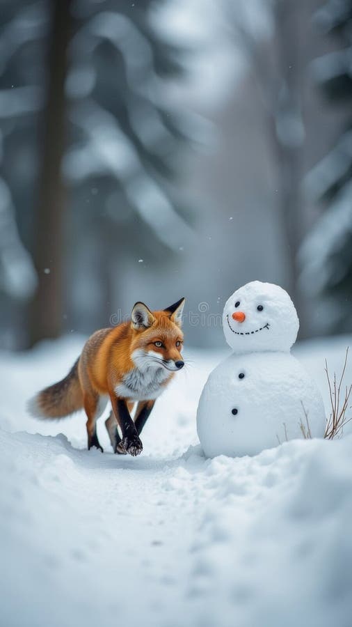 Wild Fox Running through Snowy Forest, Snowman Standing on Snow in ...