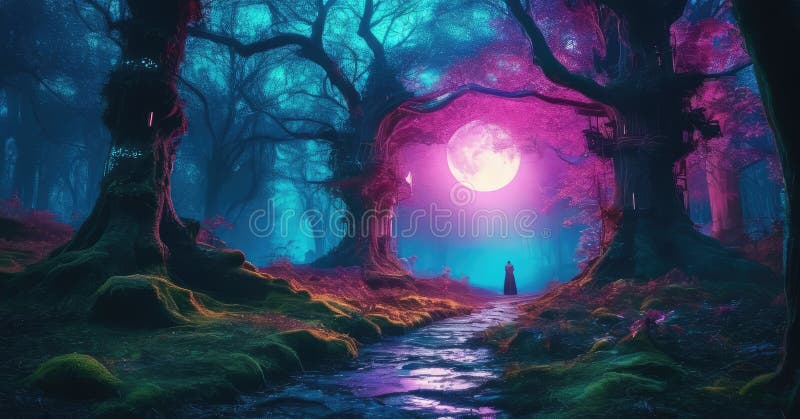 A Forest Scene with a Moonlit Path and a Person Standing in the Middle ...