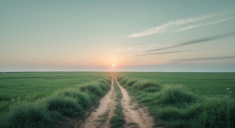 Winding Path through Green Field at Dawn Stock Photo - Image of dirt ...