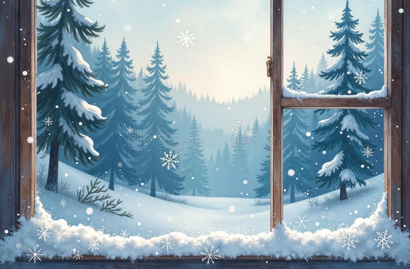 Windowsill Inside the House, Outside the Window Snowy Winter, Forest ...