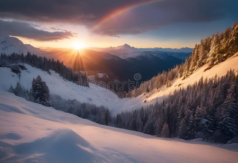 Winter Mountain Sunset with Rainbow Stock Illustration - Illustration ...