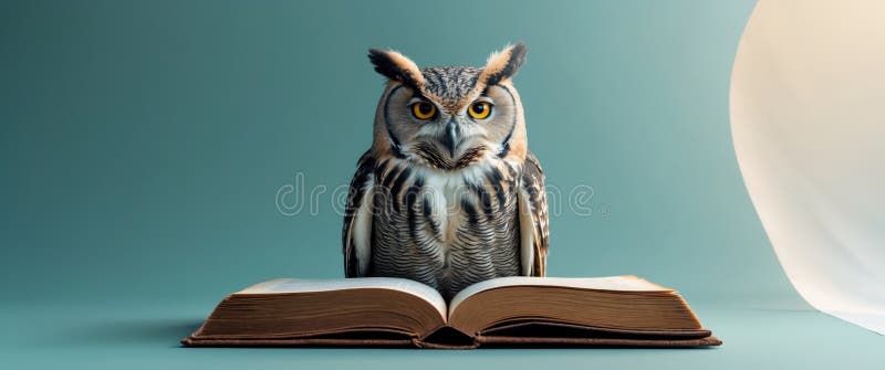 Wise Owl Reading Book on Teal Background with Copy Space for Education ...