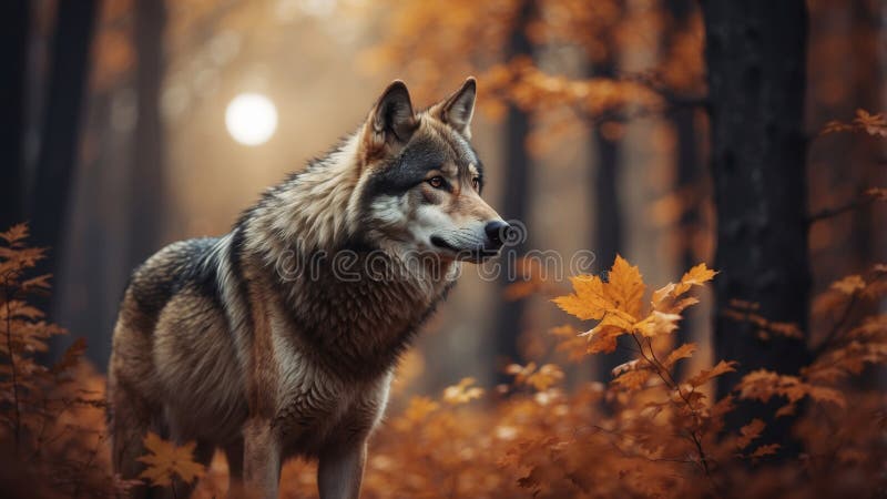 Wolf in the Autumn Forest Under the Full Moon. Stock Illustration ...
