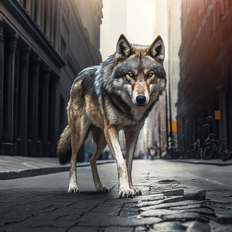 AI Generated Wolf in City Street Stock Illustration - Illustration of ...