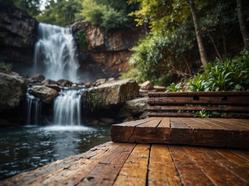 Wooden Deck Overlooking a Waterfall on the Rocks. Stock Photo - Image ...