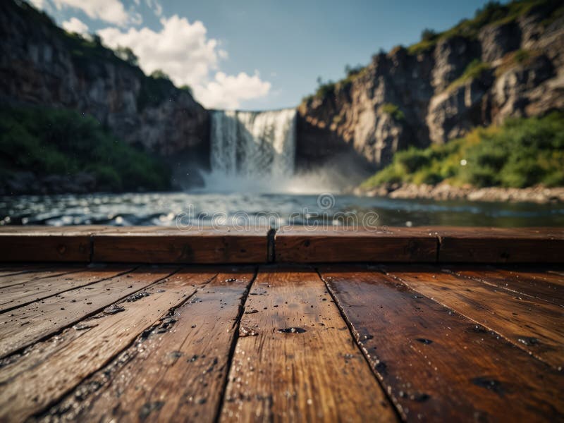 Wooden Deck Overlooking a Waterfall on the Rocks. Stock Image - Image ...