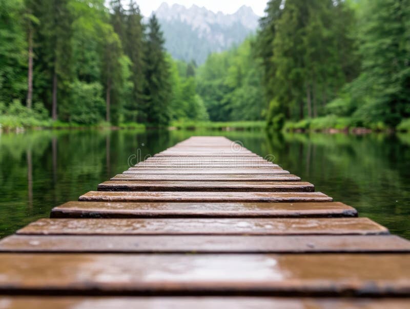 Wooden Path through Dense Green Forest with Tall Trees and Perspective Alignment Captured in ...