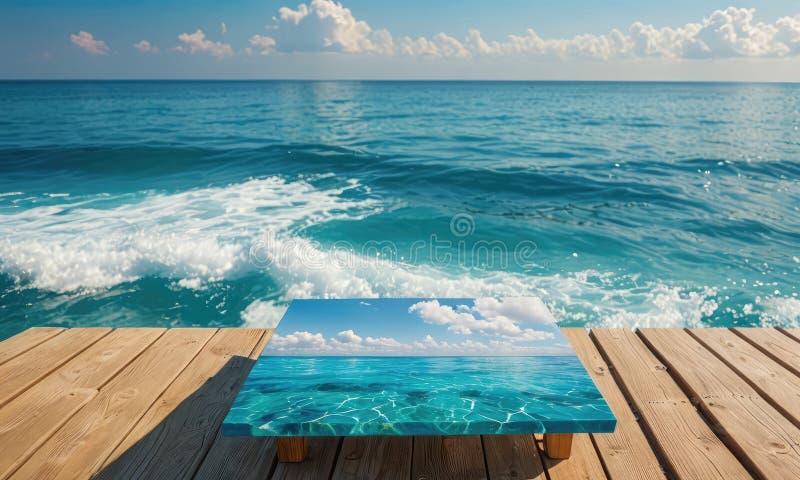 A Blue Table is Sitting on a Wooden Dock by the Ocean. Stock ...