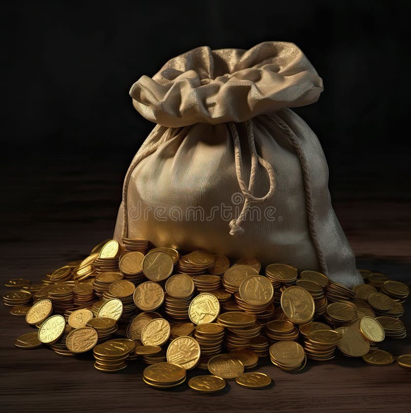 AI Generated Wooden Table with a Bag of Golden Coins Stock Illustration ...