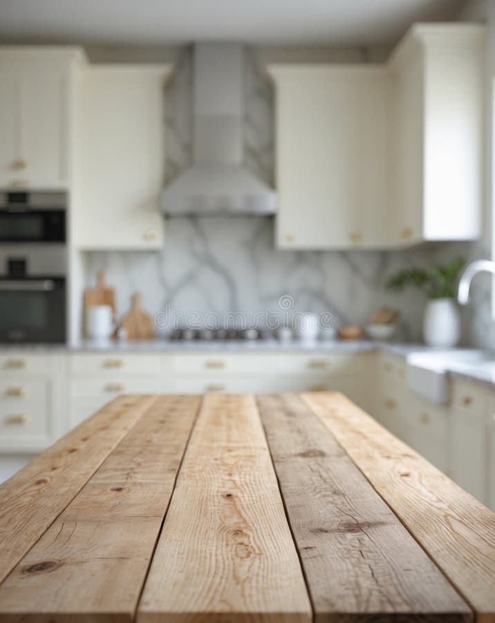 Wooden Tabletop in a Blurred Modern Kitchen Background Stock Photo ...