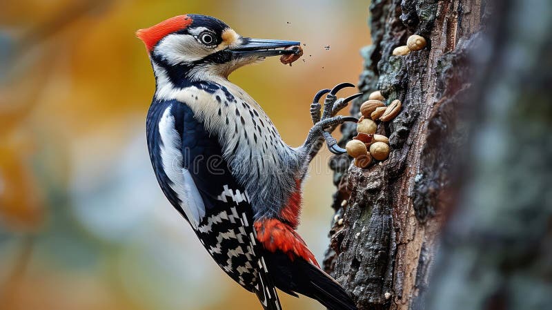 Woodpecker Enjoying a Nutty Snack on a Tree Trunk, Capturing Its ...