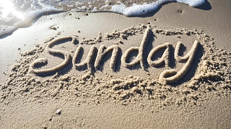 AI-generated Word Sunday Written in the Sand on a Beach with Waves ...