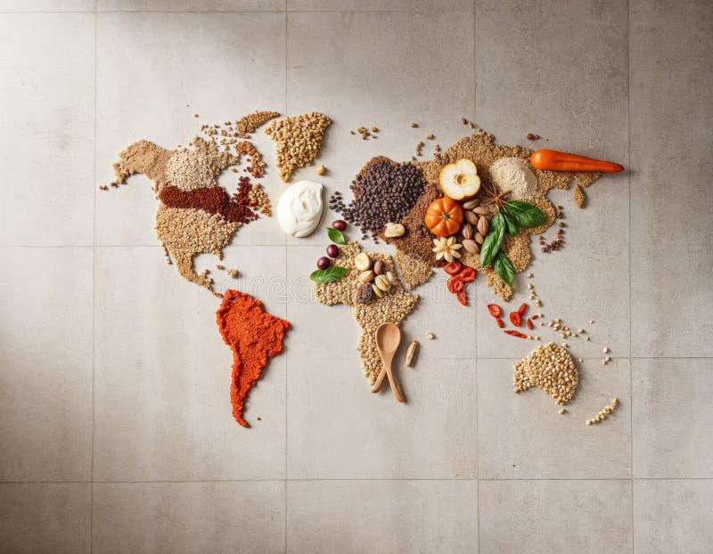 A World Map Made of Food Ingredients and Vegetables on a Stone Texture ...
