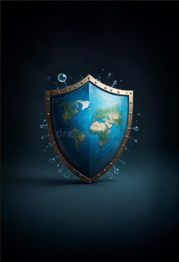 World Map in a Shield with Ozone Molecules on Dark Background Stock ...
