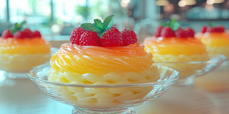 Yellow Pudding Dessert with Fruit Topping in Glass Dish Placed on ...