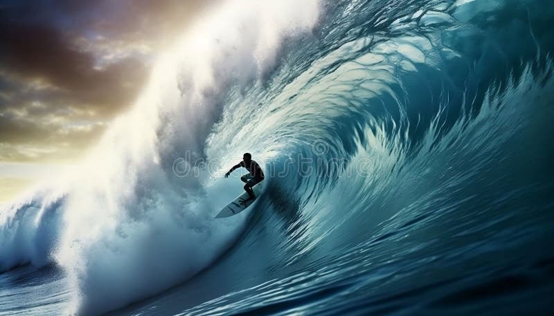 AI Generated Young Male Surfer Riding the Crest of a Large Ocean Wave ...