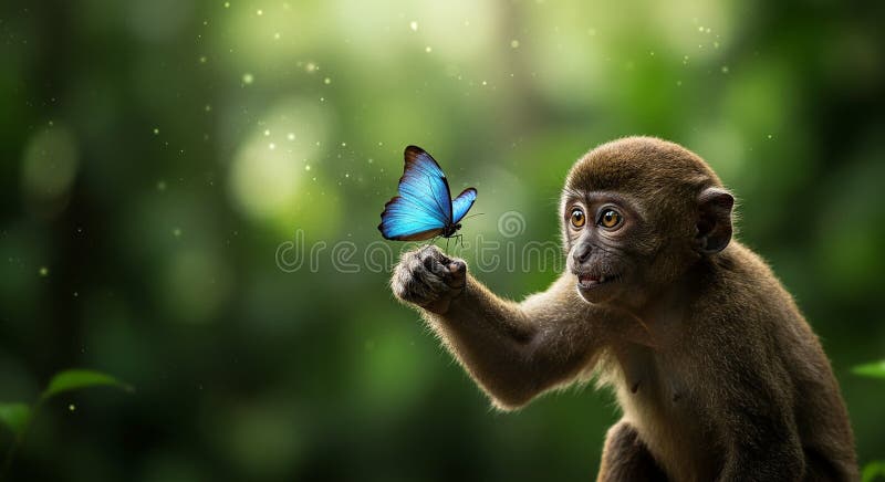 Monkey and Blue Butterfly Encounter Stock Illustration - Illustration ...