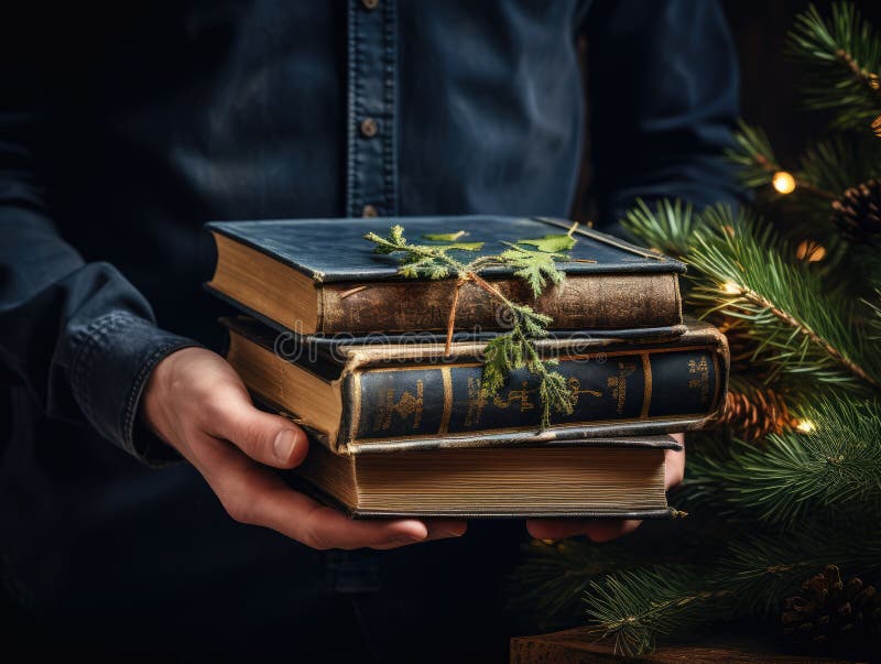 AI Generation. Male Hands Hold a Stack of Old Rustic Antique Books with ...