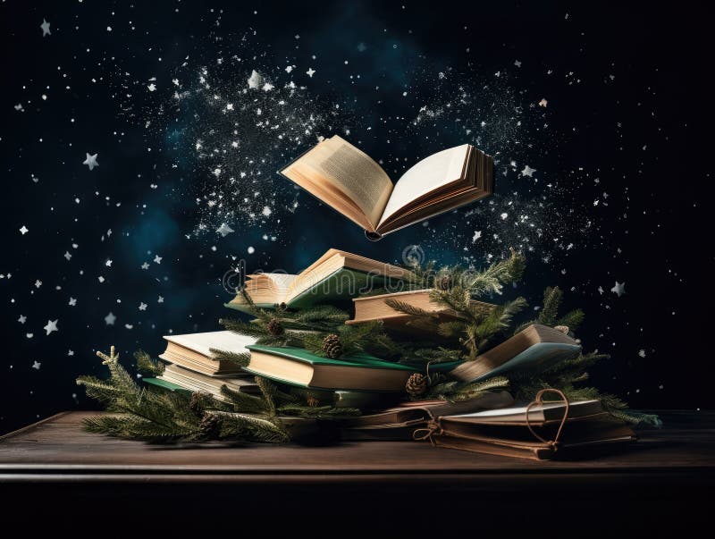 Ai Generation. Stack of Old Books and Flying Books with Golden Pollen ...