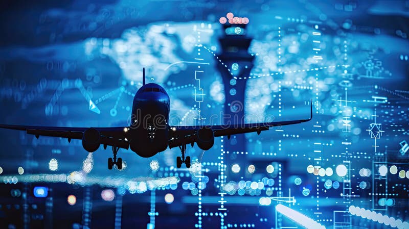Airplane Landing with Digital Network and Control Tower Backdrop. Stock ...