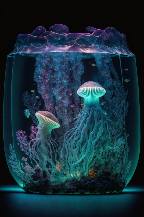 Underwater World of Bioluminescent Algae, Shells and Jellyfish Stock ...