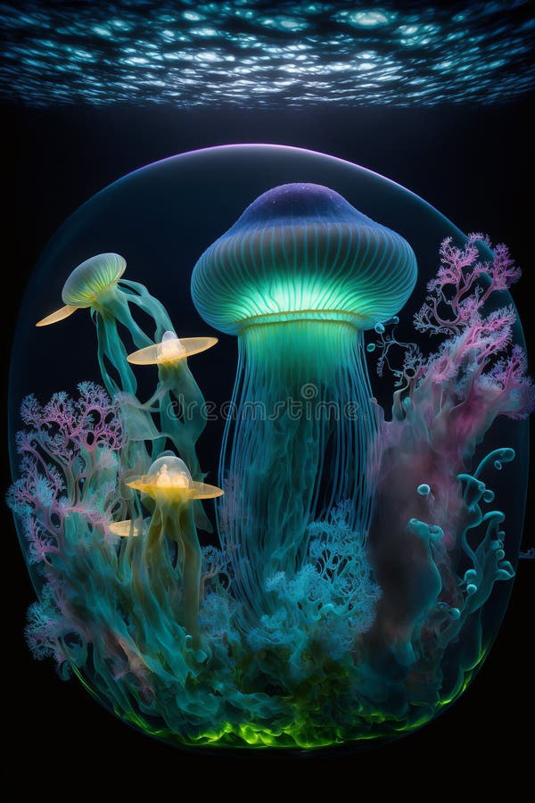 Underwater World of Bioluminescent Algae, Shells and Jellyfish Stock ...