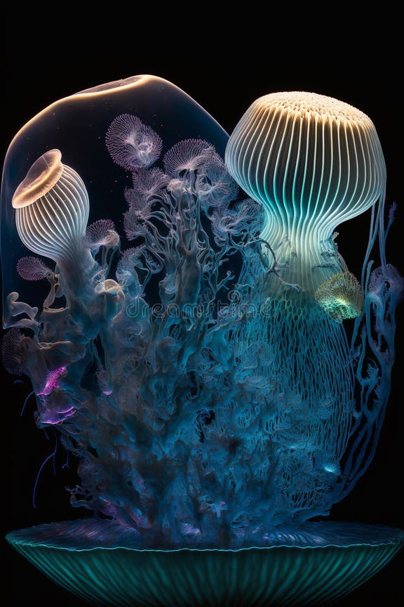 Underwater World of Bioluminescent Algae, Shells and Jellyfish Stock ...