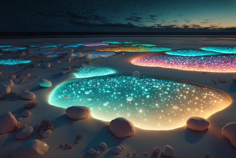 Sand Beach Covered with Colorful Luminous Transparent Pebbles Stock ...