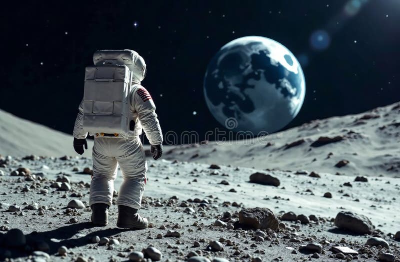 Astronaut Stand on Ground Planet and Looking Large Satellite Space AI ...