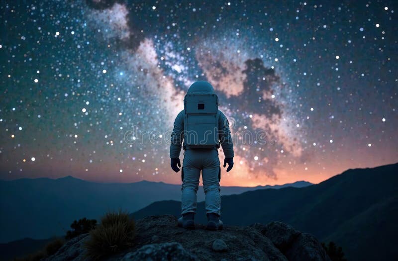 Astronaut Stand on Ground Planet and Looking Large Satellite Space AI ...