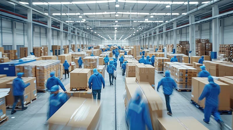 Blurred Movement of Workers in a Busy, Expansive Warehouse. Stock Image ...