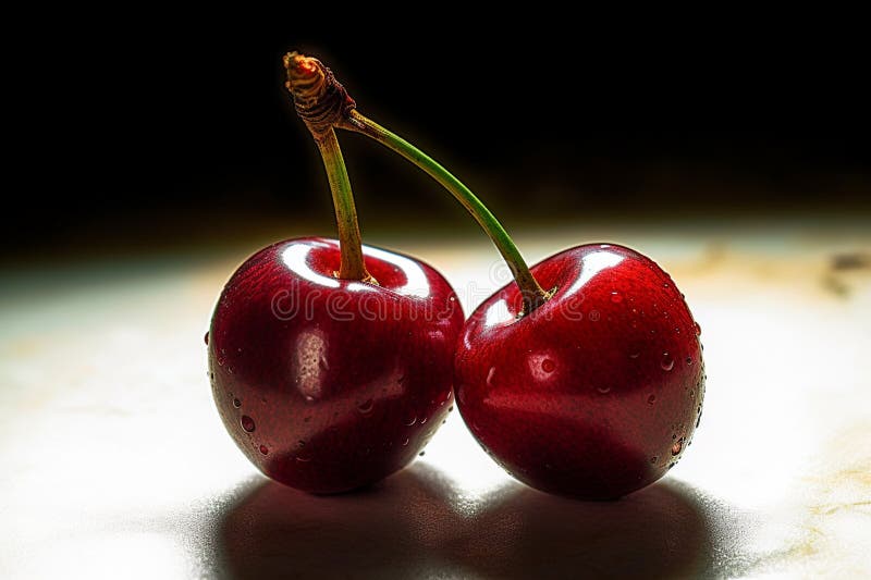 Ai Generative Cherries with Water Drops on a Reflective Surface, Close ...