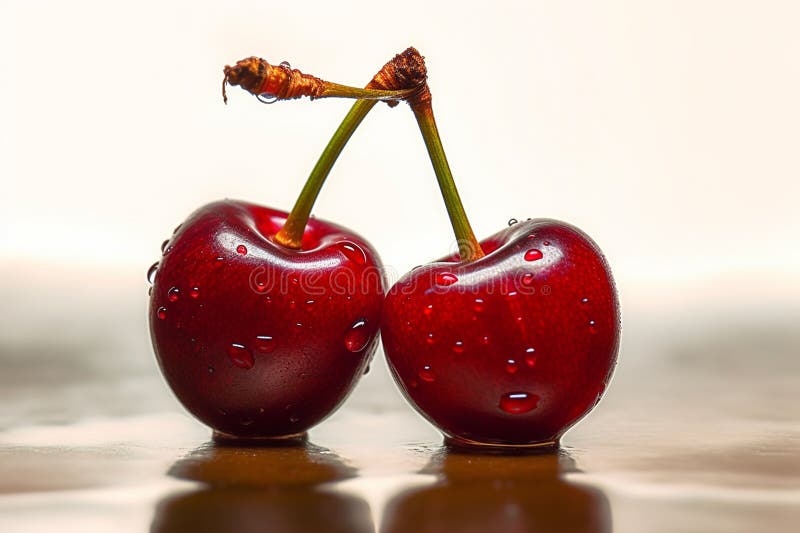 Ai Generative Cherries with Water Drops on a Reflective Surface, Close ...