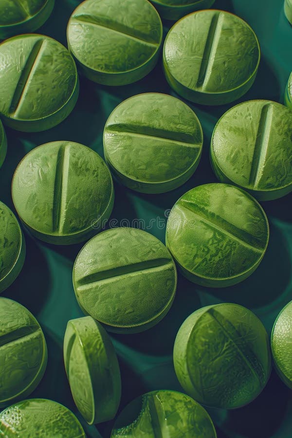 Close-up of Green Tablets with Division Line, Pharmaceuticals on a Teal ...