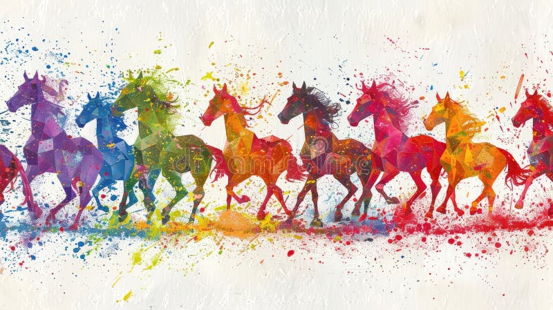 A Colorful Line of Horses Running in a Rainbow Stock Image - Image of ...