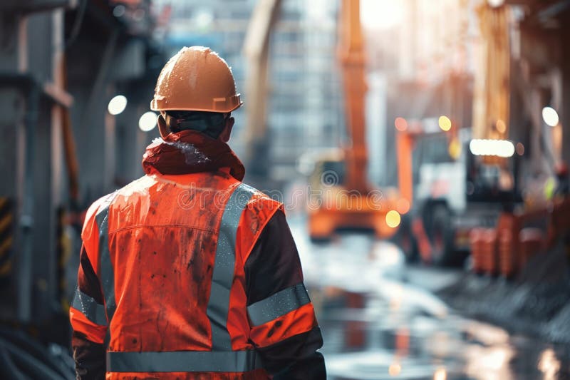Ai Generative Construction Worker with Safety Helmet Back View Stock ...