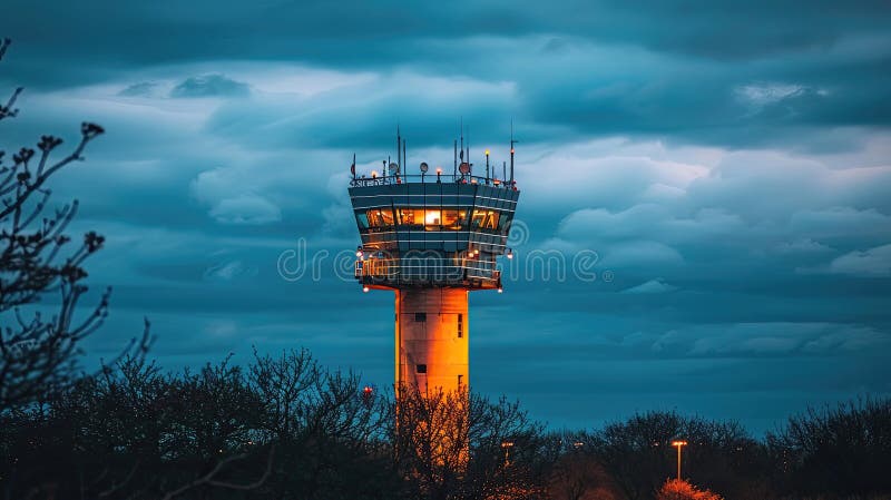 Control Tower at Dusk with Illuminated Windows and Stormy Sky. Stock ...