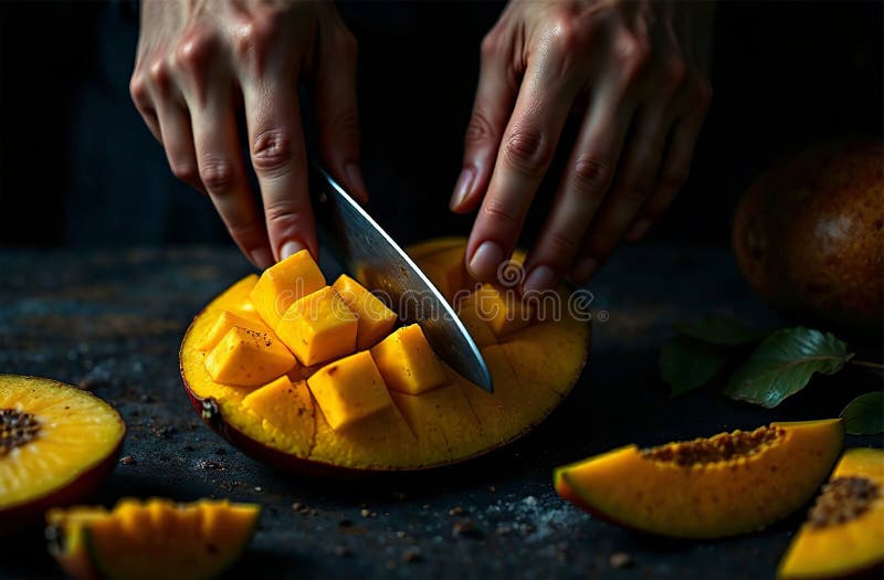 Cook Cutting Mango Fruit in Kitchen, Cooking Food in Restaurant. AI ...