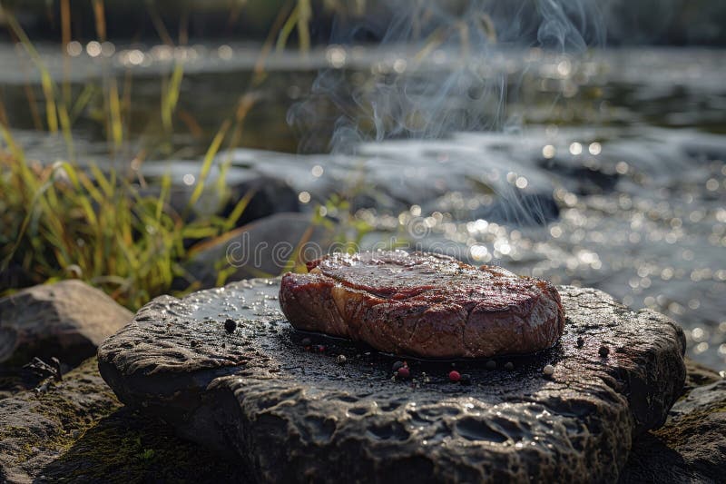 Ai Generative Cooking Steak on Rocks by the River Stock Illustration ...