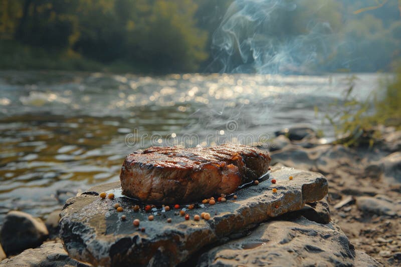 Ai Generative Cooking Steak on Rocks by the River Stock Illustration ...