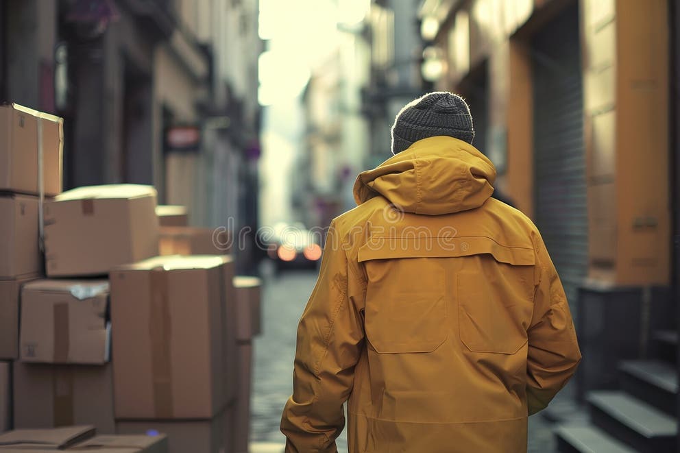 Ai Generative Courier Man and Stack of Parcel Boxes Stock Illustration ...