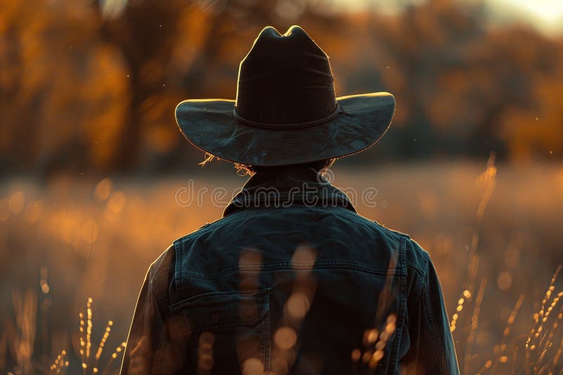 Ai Generative Cowboy on the Grassland Back View Stock Illustration ...