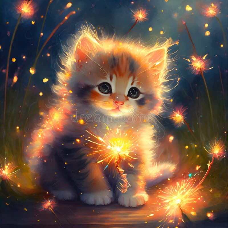 AI Generative Cute Kitten in Firework in Cerebration Stock Illustration ...