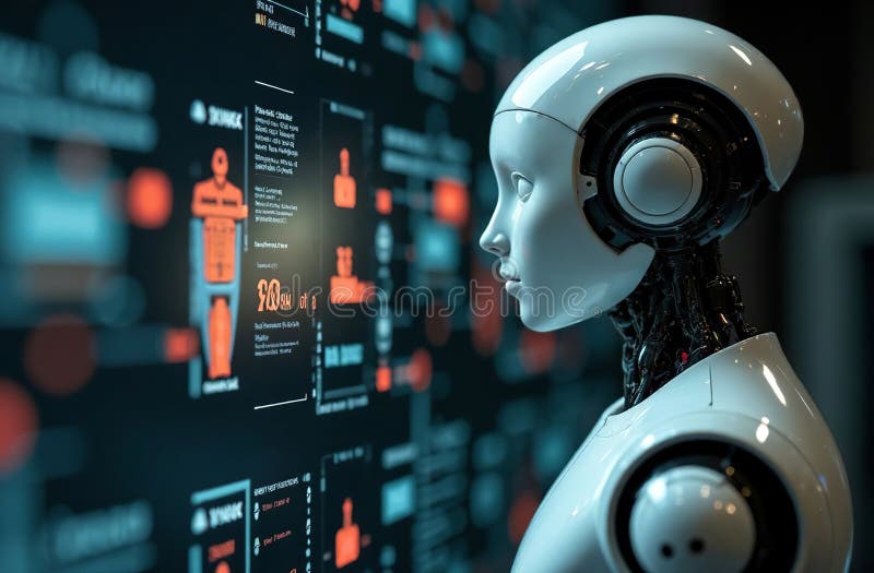 Cyborg Humanoid Robot Looking at Augmented Reality Monitor. AI ...