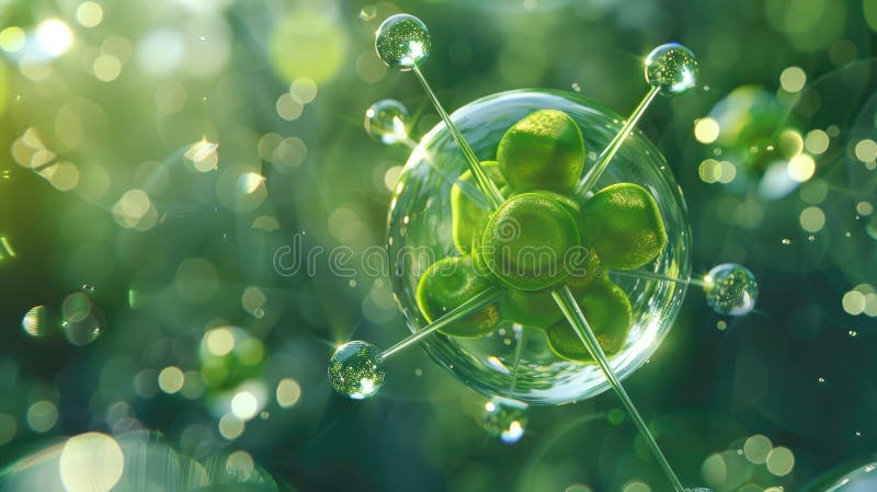 3D Render of a Molecule Structure with Green Energy and Light Orbs ...