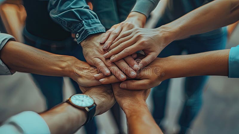 Diverse Group of Hands Piled Together in Teamwork Gesture. Stock Photo ...