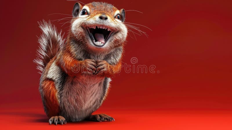 Excited Squirrel with Fluffy Tail and Open Mouth on Red Background. Stock Illustration ...