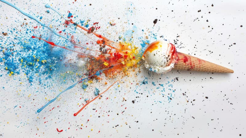 Exploding Ice Cream Cone with Colorful Splashes. Stock Image - Image of ...