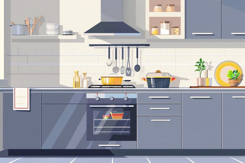 Ai Generative Flat Design Kitchen Interior Stock Photo - Image of domestic, architecture: 349864584